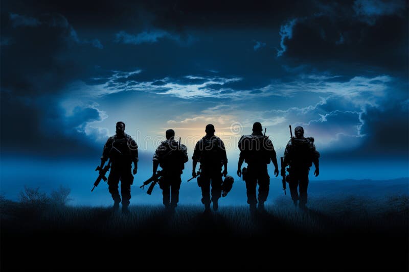 Four Military Team Members Silhouettes Convey Unity and Determination ...