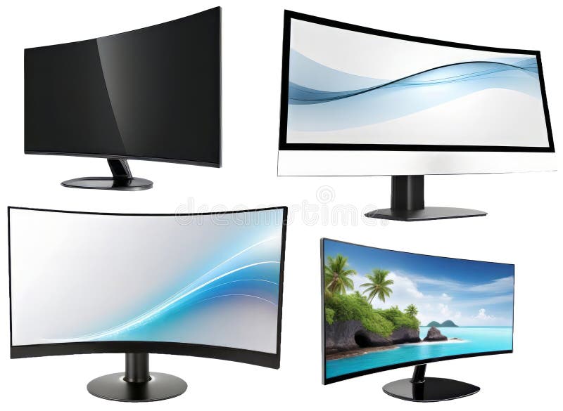 Four Modern Ultra-wide Curved Computer Monitors Showing Different ...
