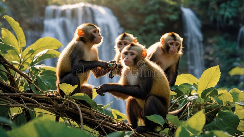 Four Monkeys by Waterfall in Lush Jungle Stock Illustration ...