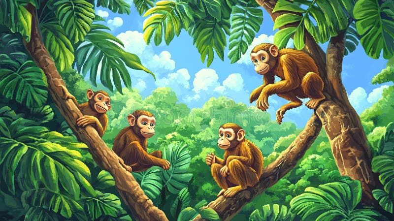 Four Monkeys Sitting on Tree Branches in Lush Jungle Stock Photo ...