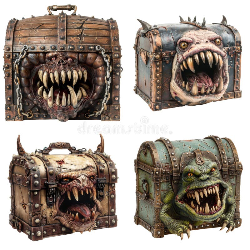 Four Monster-Headed Treasure Chests Stock Photo - Illustration of eyes ...