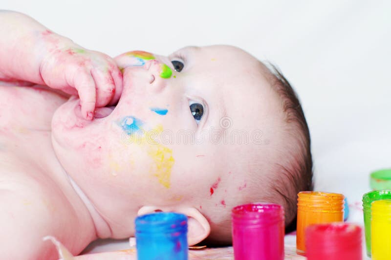 Four-months Baby with Multi-colored Paints Stock Photo - Image of ...