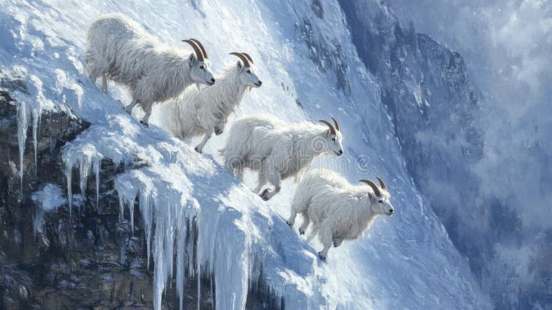 Four Mountain Goats Scaling a Snow-Covered Cliff Face Stock ...