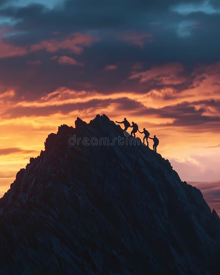 Mountaineers Helping Each Other To Climb a Mountain at Sunset Stock ...