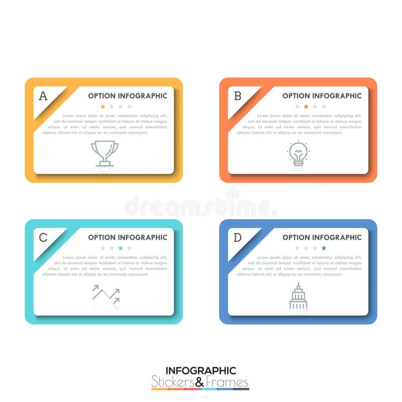 Four Multicolored Rectangular Elements with Text Boxes, Thin Line ...