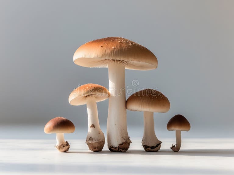Four Mushrooms Different Sizes Shapes are Arranged Triangular Flying ...