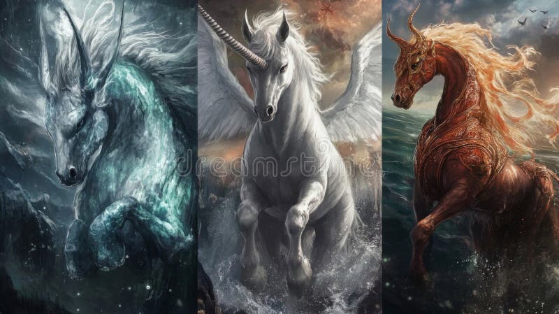 Four Mythical Horses Emerging from Water Stock Illustration ...