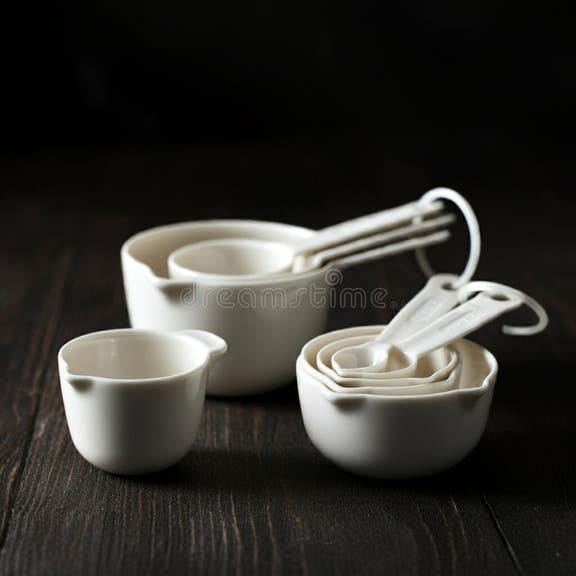 Four Nested White Ceramic Measuring Cups and Four Nested Measuring ...