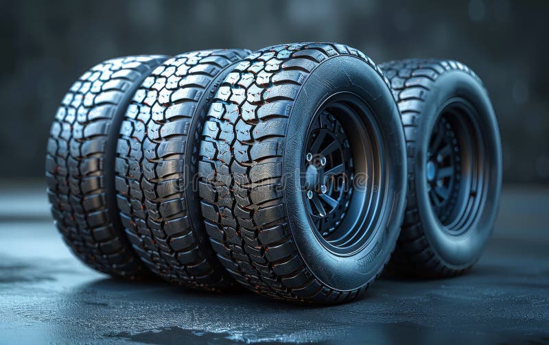 Four New Tires on a Dark Background Stock Photo - Image of tread, road ...