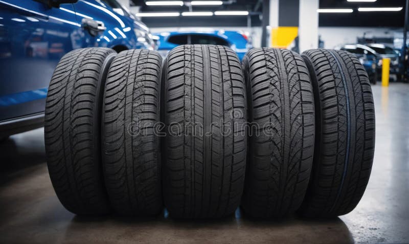 Four New Tires Sit on the Ground in Front of a Blue Car Stock Image ...