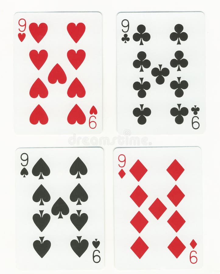 Four Nine Poker Hands Playing Cards On A Light Desk Background. Stock ...