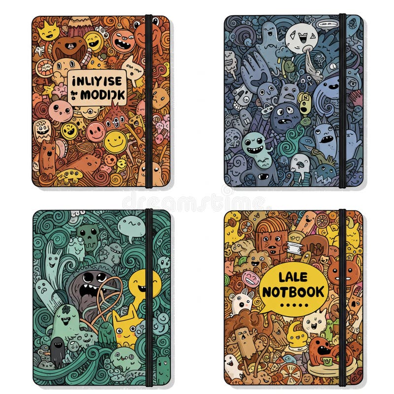 Four Notebooks Featuring Playful, Doodle-style Artwork with Cartoonish ...