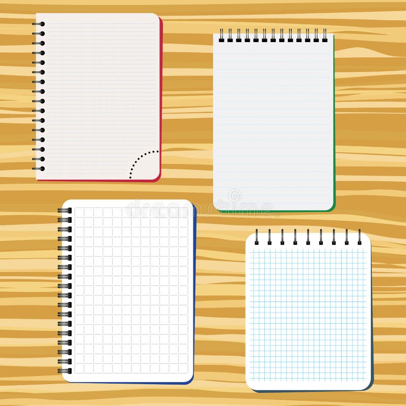 Four Notebooks on a Wooden Table. Stock Vector - Illustration of ...
