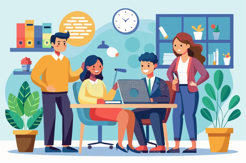 Four Office Staff Members Engage Collaboratively at a Shared Desk in a ...