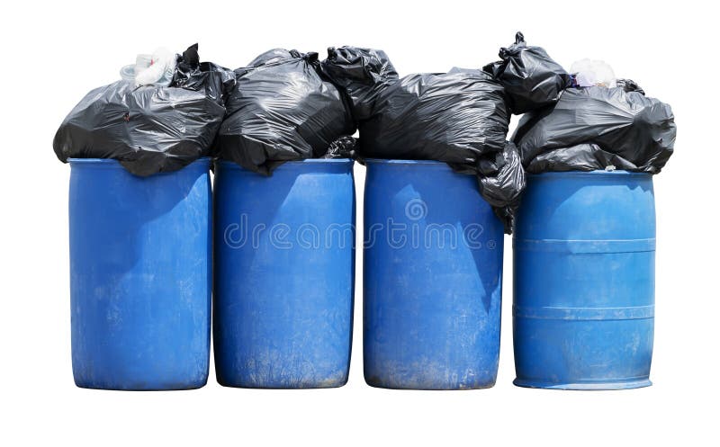 Four Old Blue Garbage Bin with Garbage Bags and Clipping Path Stock ...