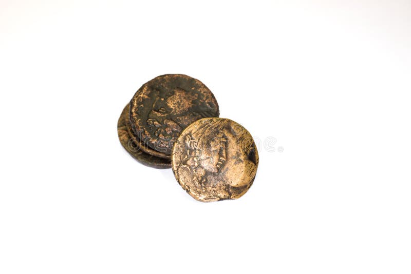 Four Old Bronze Coins on White Background Stock Image - Image of ...