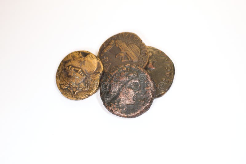 Four Old Coins with Portraits of Emperors on a White Background Stock ...
