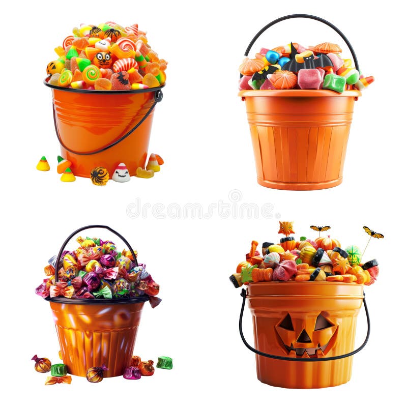 Four Orange Halloween Buckets Overflowing with Candy Stock Photo ...