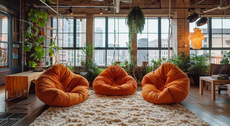 Four Orange Hanging Chairs in a Modern Loft Stock Image - Image of view ...