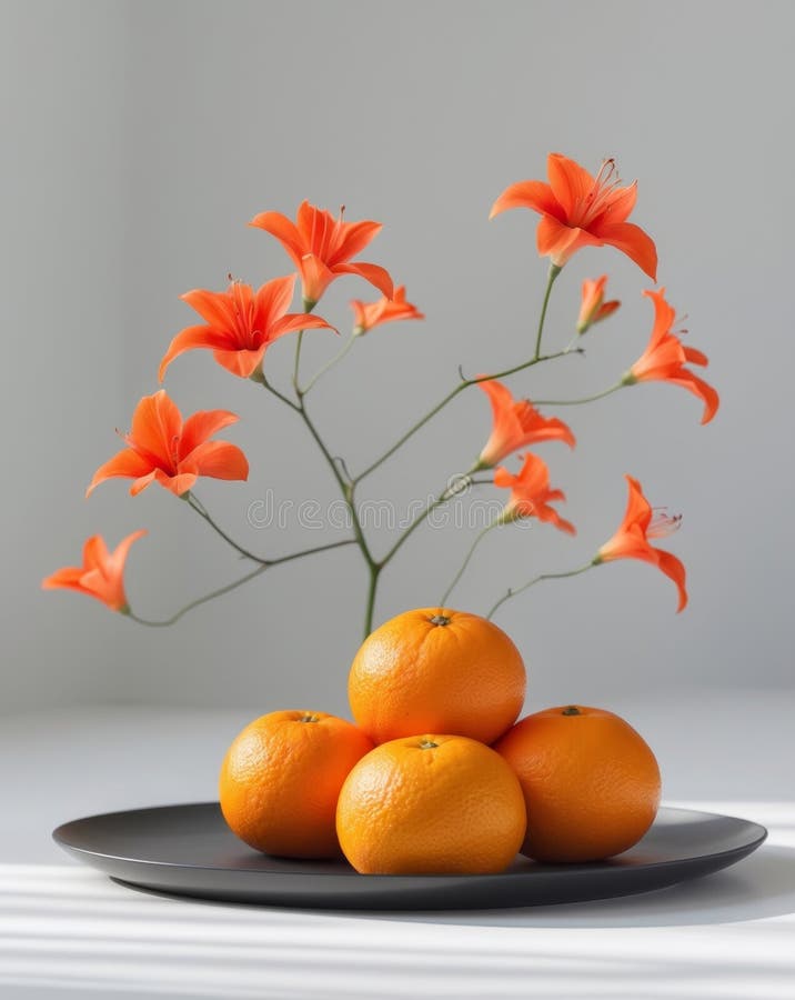 Four Oranges on Black Plate Surrounded by Red Flowers. Stock Image ...