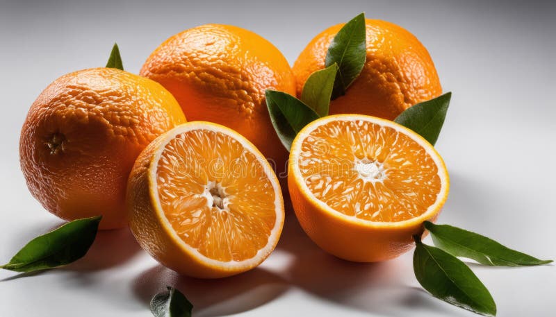 Four Oranges with Leaves on a White Background Stock Illustration ...