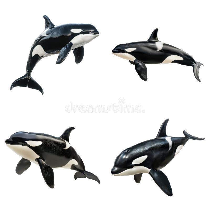 Four Orcas in Various Poses Against a White Background Stock Image ...