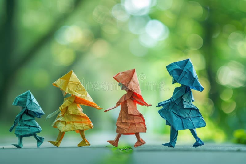 Four Origami Figures Walking in a Row in Nature Stock Image - Image of ...