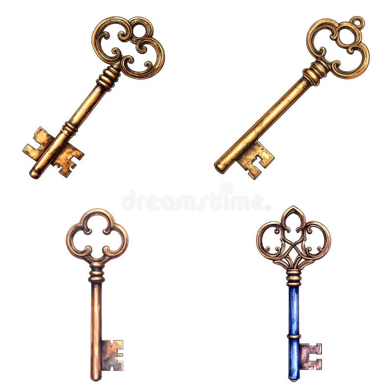 Four Ornate Antique Keys on White Background Stock Illustration ...