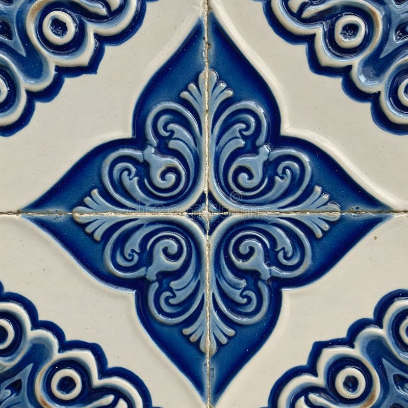 Four Ornate Blue and White Ceramic Tiles Form a Decorative Pattern ...