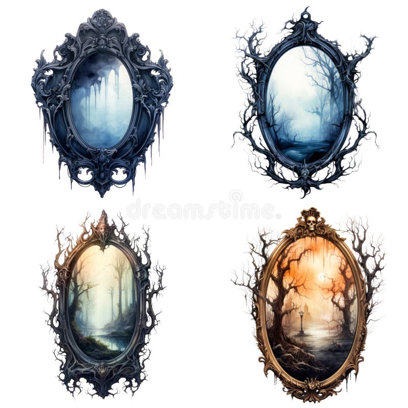 Four Ornate Frames Enclosing Fantastical Forest Scenes Stock Image ...