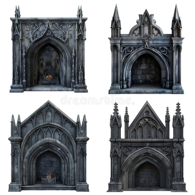 Four Ornate Gothic Stone Fireplaces with Intricate Details Stock ...