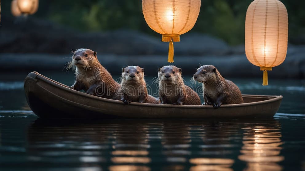 Four Otters Enjoying a Serene Boat Ride Underneath Illuminated Lanterns ...