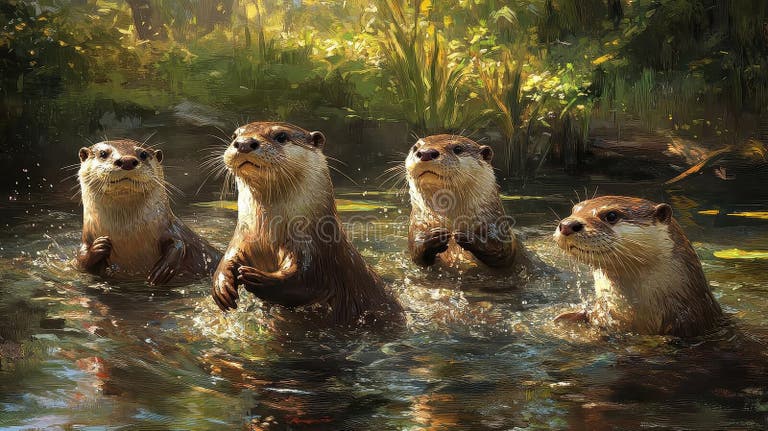 Four Otters Playing in a River Stock Illustration - Illustration of ...