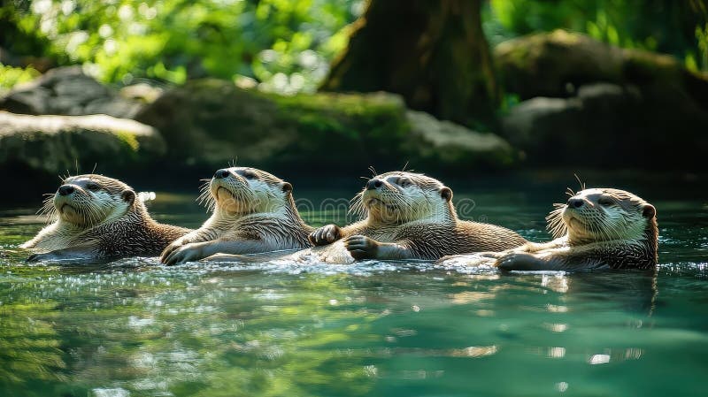 Four Otters Relaxing in Water Stock Illustration - Illustration of ...