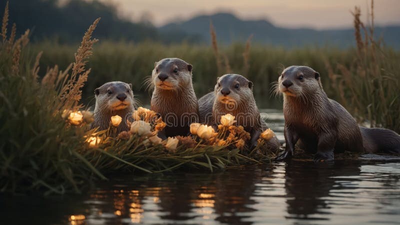 Enchanted River Otters at Sunset Stock Illustration - Illustration of ...