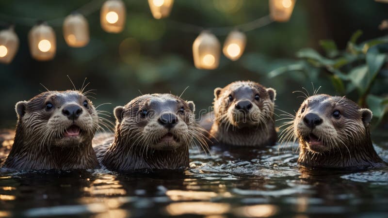 Four Adorable Smooth-coated Otters Emerging from Water at Dusk with ...