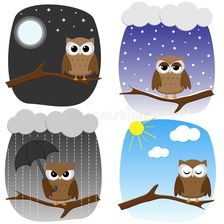 Four owls on branch stock vector. Illustration of stars - 20253006