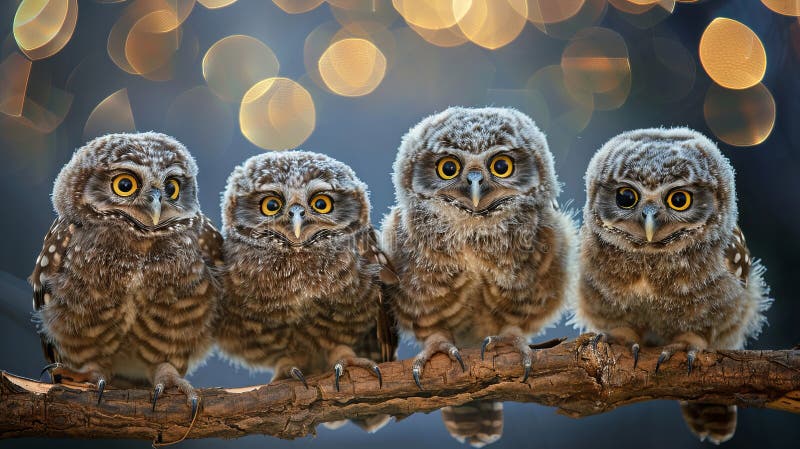Four Owls Sitting on a Branch with Lights Behind Them Stock Image ...