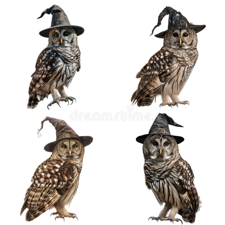 Four Owls Wearing Witch Hats Stock Photo - Illustration of magic ...