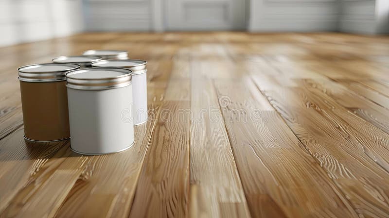 Four Paint Cans Sit on a Newly Installed, Light Wood Floor Stock ...