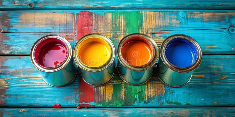 Four Paint Cans of Vibrant Primary and Secondary Colors Sit on a Rustic ...