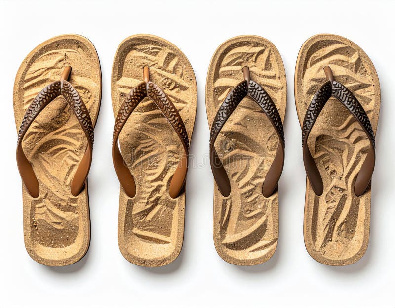 Four Pairs of Brown and Beige Flip Flops on White Background Stock ...