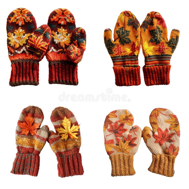 Four Pairs of Knitted Mittens with Fall Leaf Patterns Stock Image ...