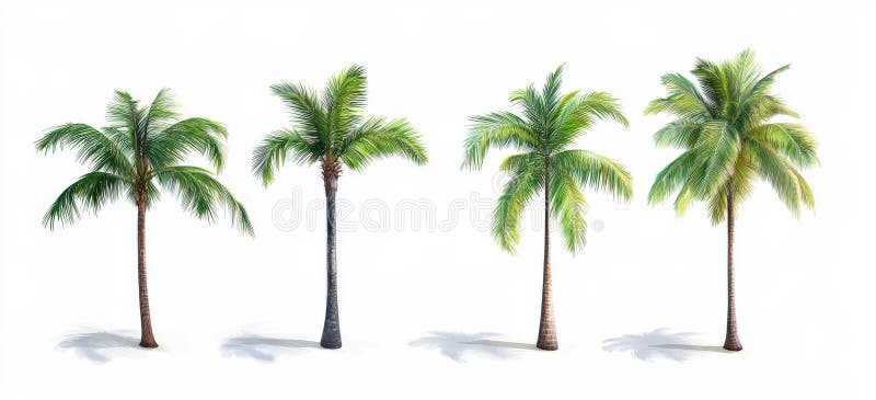 Four Palm Trees are Neatly Lined Up in a Row on a White Background ...