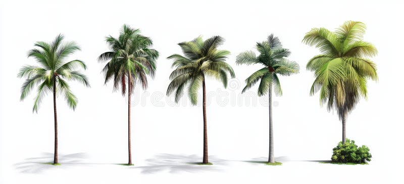 Four Palm Trees are Neatly Lined Up in a Row on a White Background ...