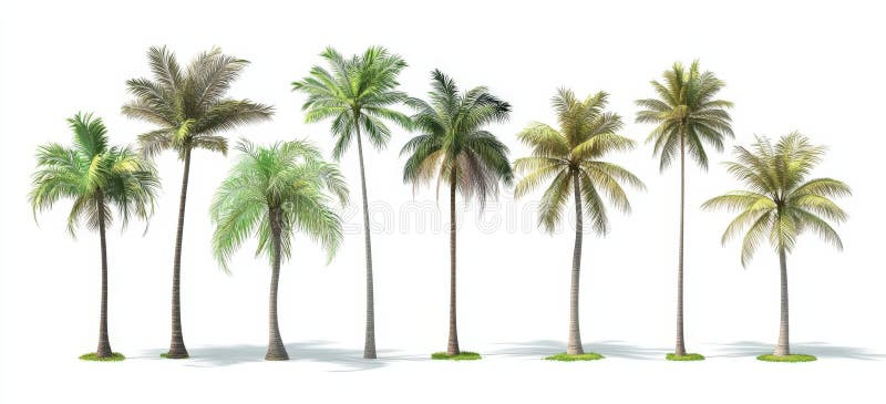 Four Palm Trees are Neatly Lined Up in a Row on a White Background ...