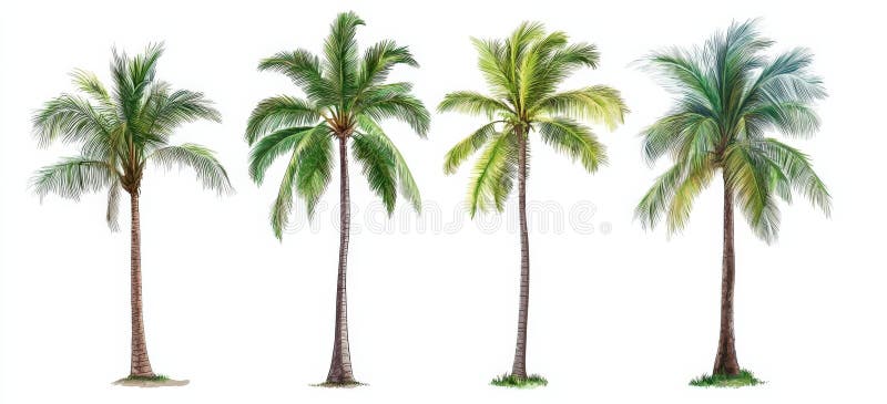 Four Palm Trees are Neatly Lined Up in a Row on a White Background ...