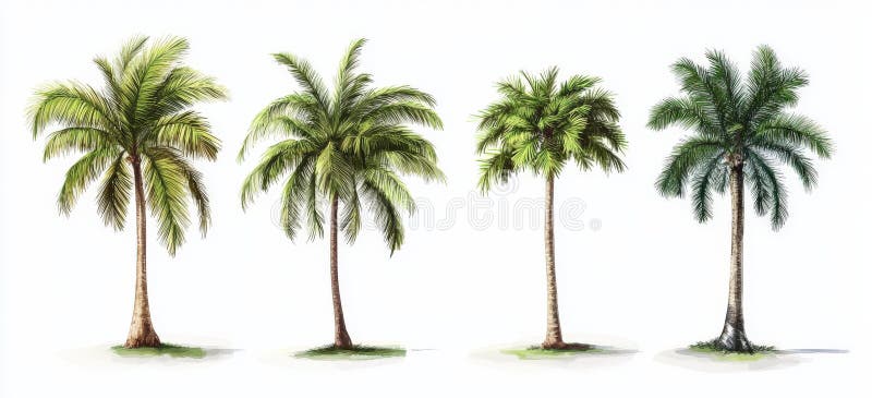 Four Palm Trees are Neatly Lined Up in a Row on a White Background ...