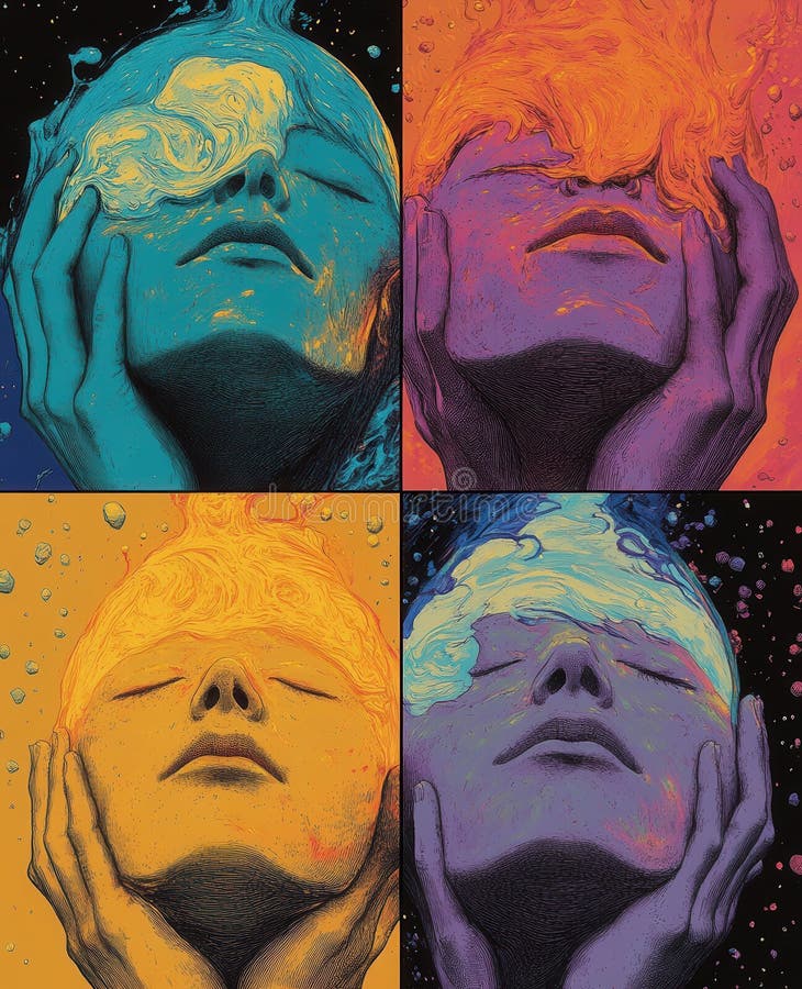 Four-panel Abstract Artwork Showing a Serene Face Enveloped in Vibrant ...