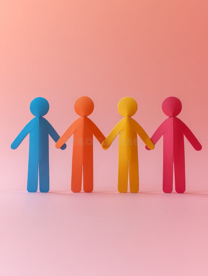 Four Paper Figures Holding Hands on a Pink Background. Stock Image ...